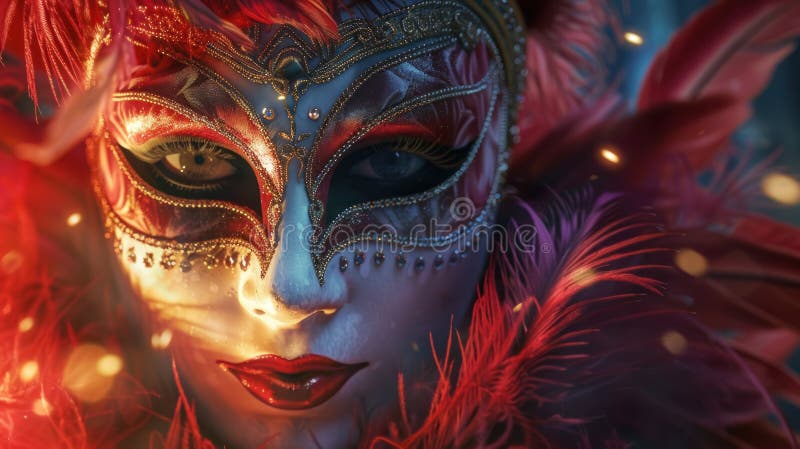 Elegant Carnival Mask with Feathers, Dramatic Shadows Casting Over Dark ...