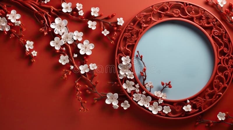 Elegant Carved Frame with White Blossoms on a Rich Red Background ...