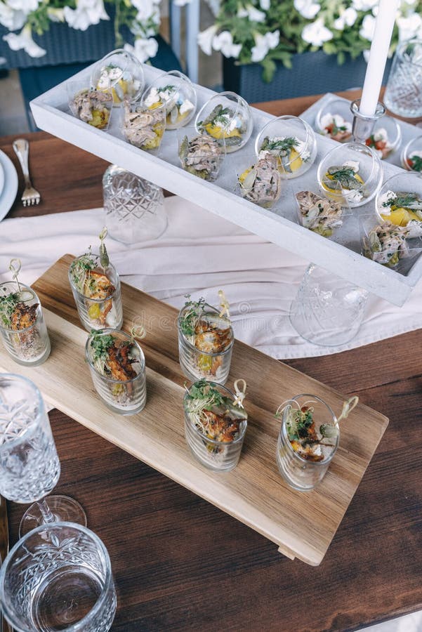 Elegant Catering Appetizers Displayed on Wooden Boards Stock Image ...