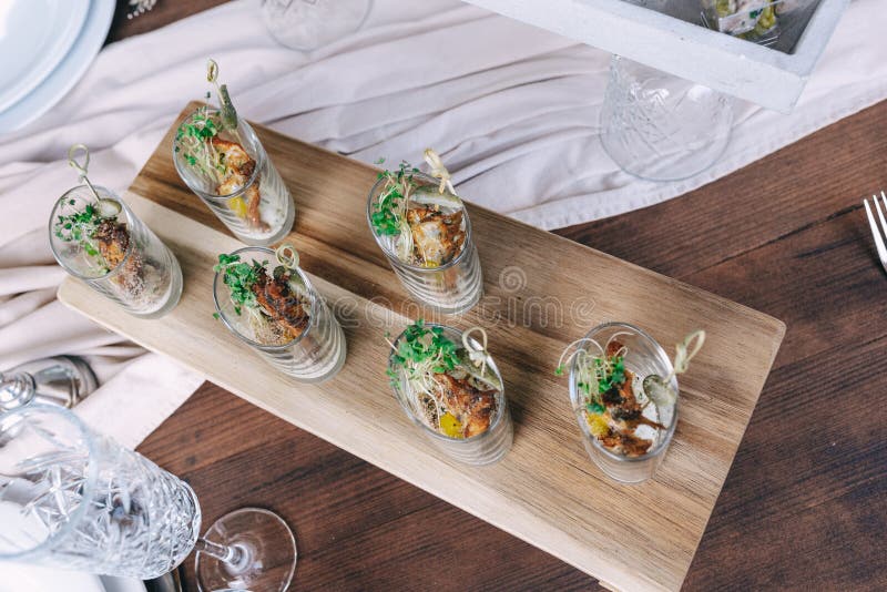 Elegant Catering Appetizers Displayed on Wooden Boards Stock Image ...