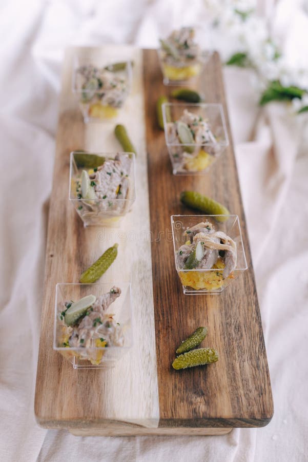 Elegant Catering Appetizers on Wooden Board Stock Photo - Image of ...