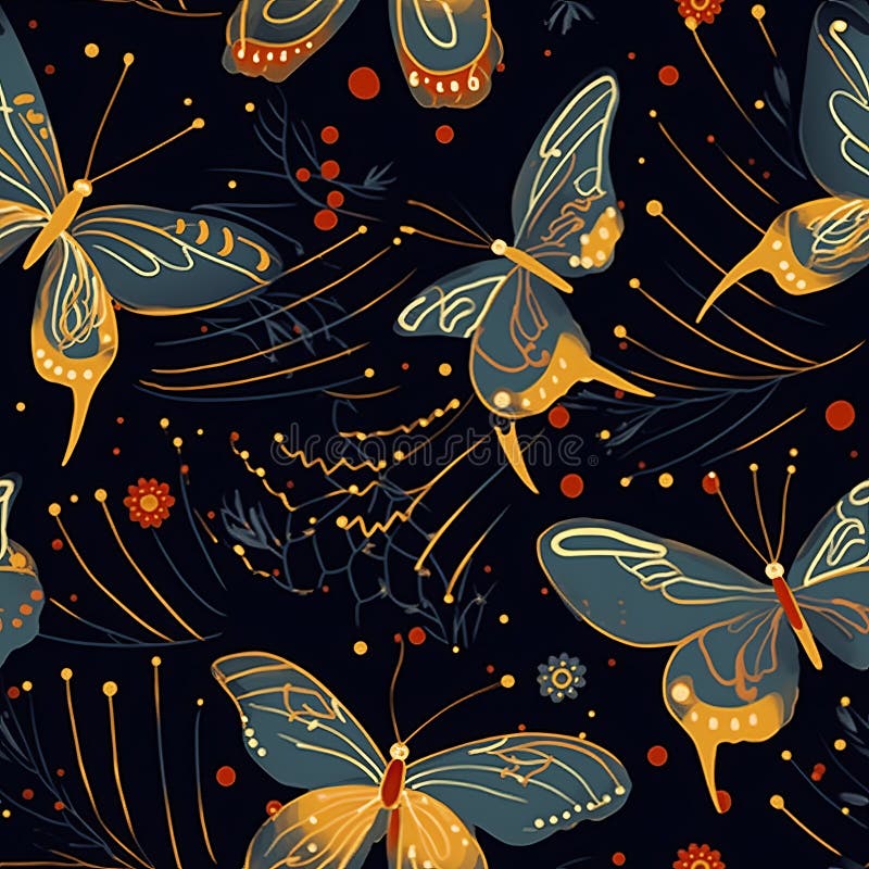 Elegant Celestial Seamless Pattern with Butterflies. Stock Illustration - Illustration of leaf ...