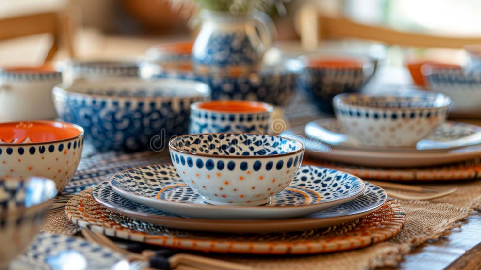 Elegant Ceramic Dinnerware Set on Rustic Dining Table Stock Photo - Image of dinnerware, place ...