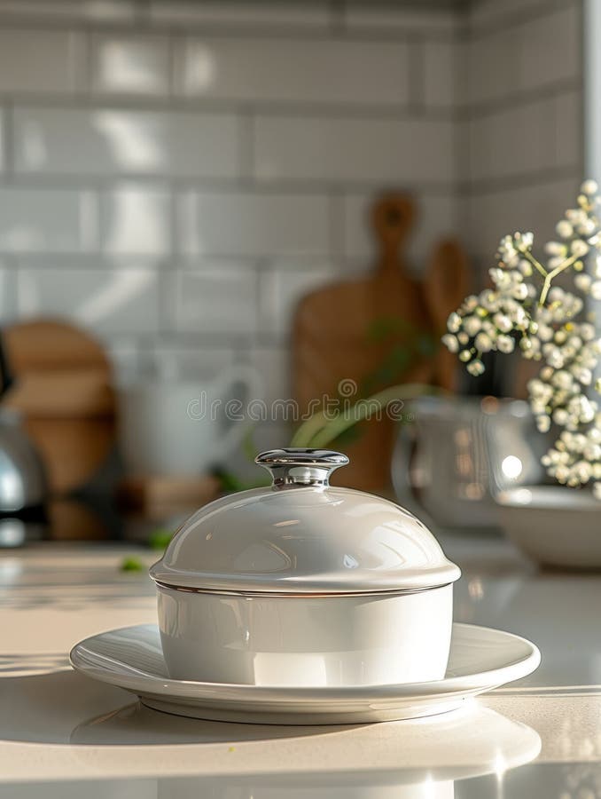 Elegant Ceramic Dish with a Lid on a Kitchen Countertop. Stock Image ...