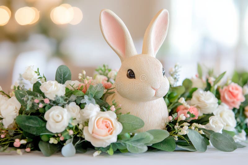 Elegant Ceramic Easter Bunny with Spring Flowers on Festive Holiday ...