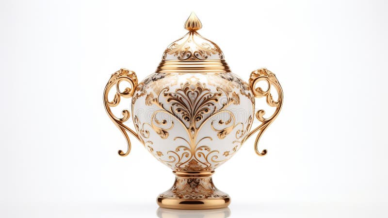 Elegant Ceramic Jar with Intricate Gold Decorations on White Surface ...
