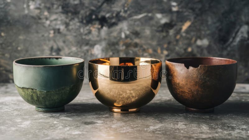 Elegant Ceramic and Metallic Bowls on Textured Surface: a Display of ...