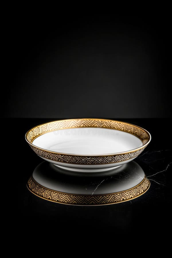Elegant Ceramic Plate with Gold Geometric Pattern on Reflective Surface ...