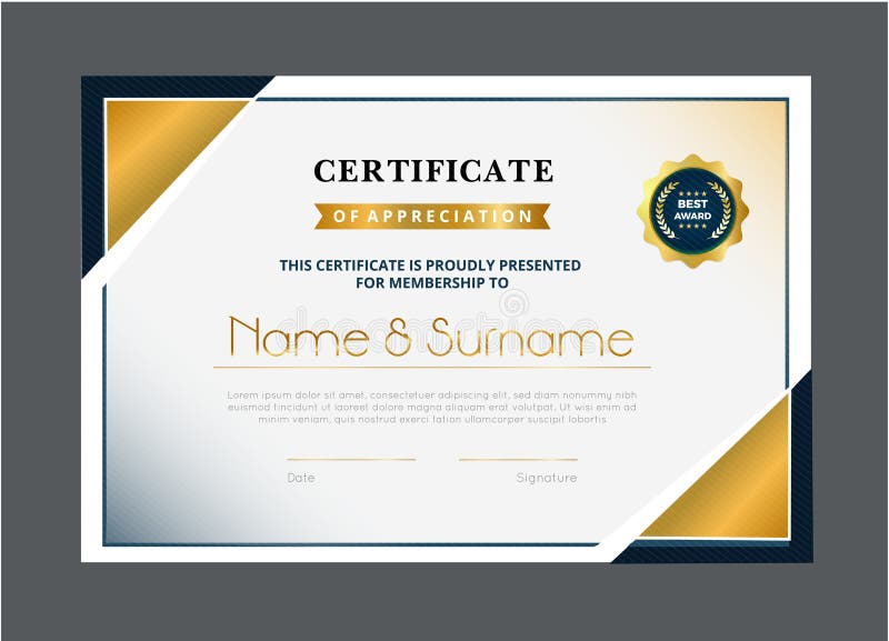 Elegant Certificate of Appreciation Design with Golden Details and Blue Borders. Stock Vector ...