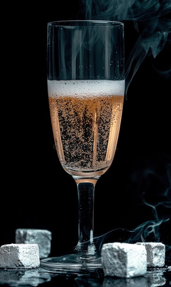 Elegant Champagne Flute with Bubbles and Dry Ice Effect. Stock ...