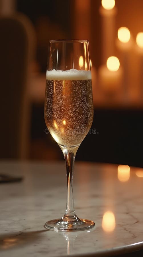 Elegant Champagne Flute with Bubbling Champagne on Reflective Surface ...