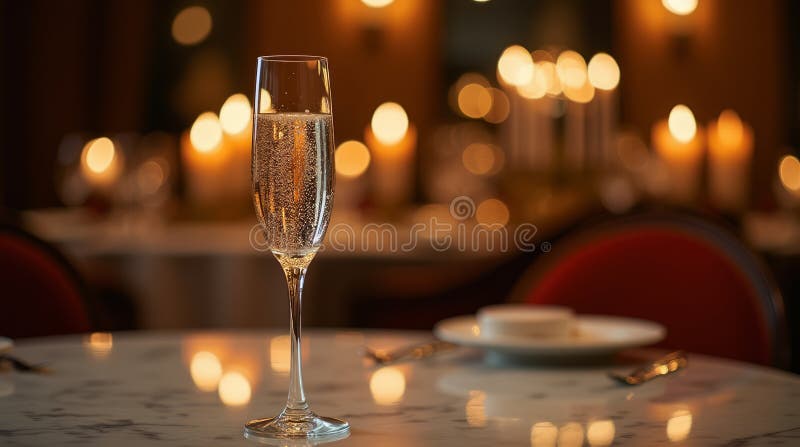 Elegant Champagne Flute with Bubbling Champagne on Reflective Surface ...