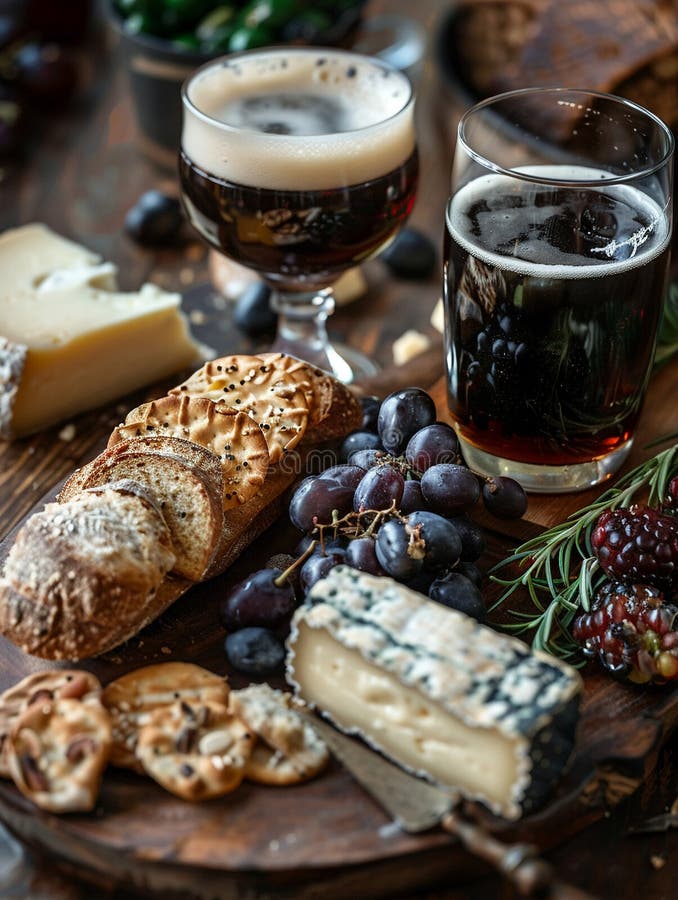 Elegant Cheese Board Presentation with Artisan Cheeses and Craft Ale ...