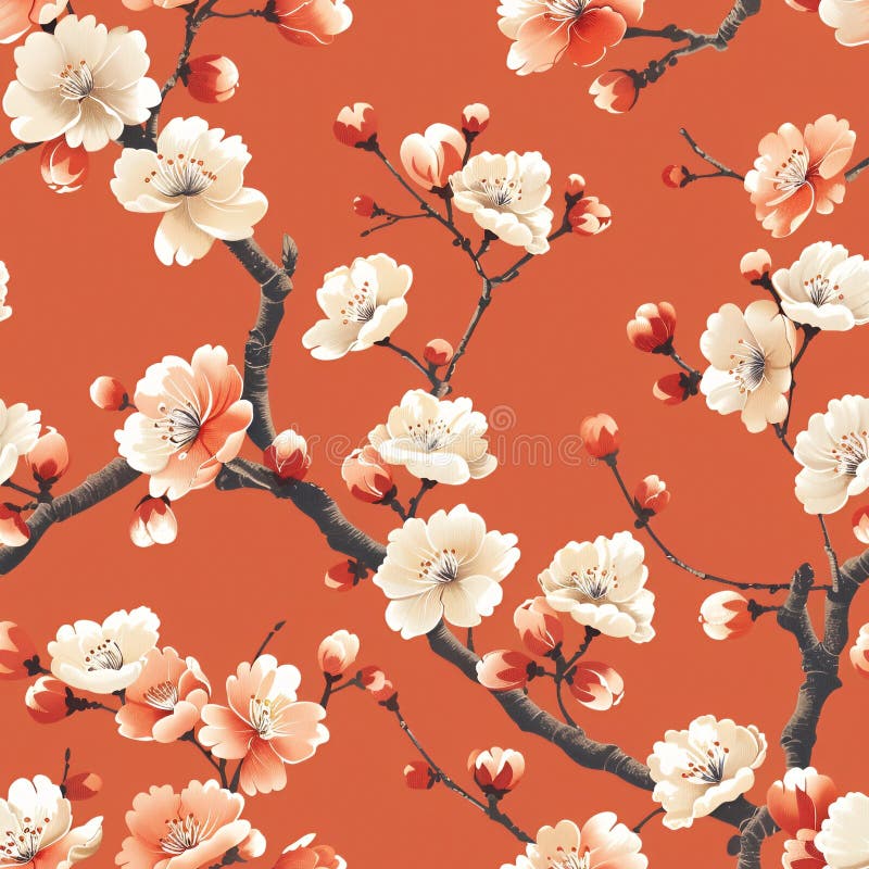Elegant Cherry Blossom Pattern on an Orange Background Stock ...
