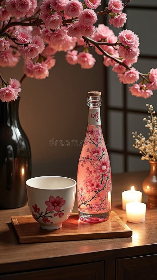 Elegant Cherry Blossom Sake Display with Cup, Candle, and Floral Decor ...