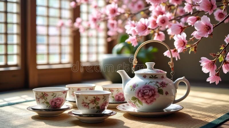Elegant Cherry Blossom Tea Set by Sunlit Window Stock Image - Image of ...