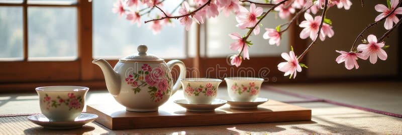 Elegant Cherry Blossom Tea Set in Traditional Japanese Room with Sakura ...