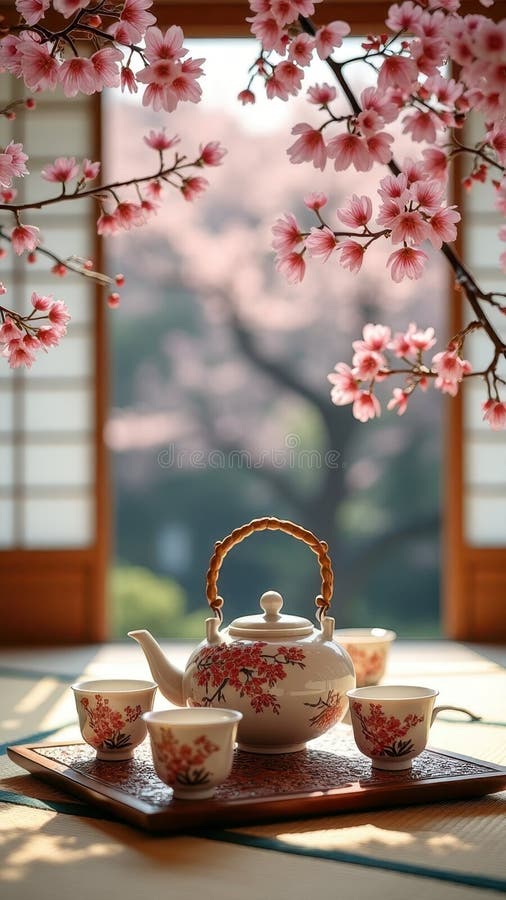 Elegant Cherry Blossom Tea Set by Window with Blossoming Sakura ...