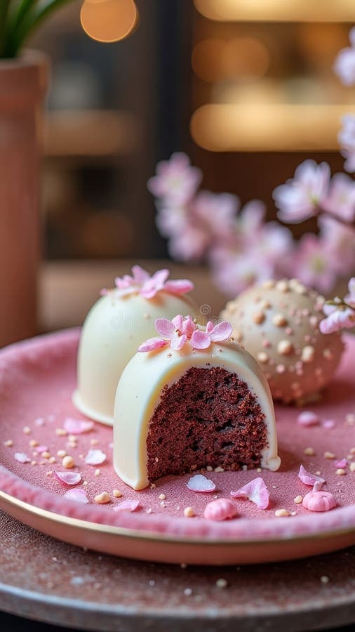Elegant Cherry Blossom Themed Cake Bites on Pink Plate Stock Image ...