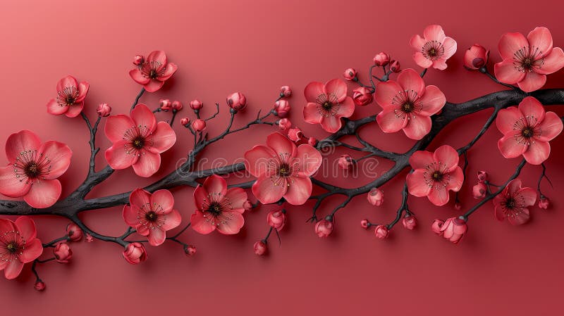 Elegant Cherry Blossoms on a Red Gradient Background Stock Illustration ...