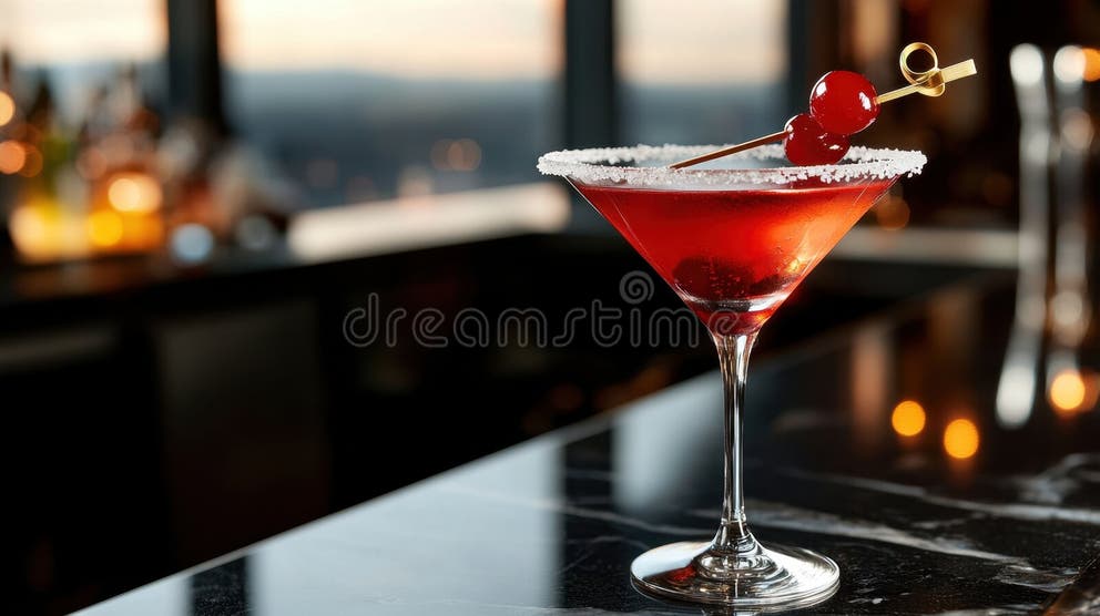 Elegant Cherry Garnish on Red Martini in Upscale Bar Setting at Sunset ...