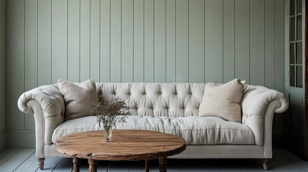 Elegant Chesterfield Sofa & Rustic Table Interior Design Concept Stock ...