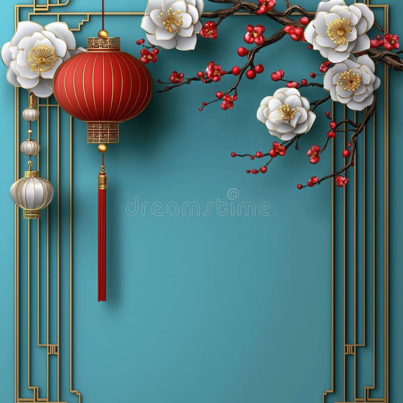 Elegant Chinese New Year Design with Lanterns and Blossoms Stock ...