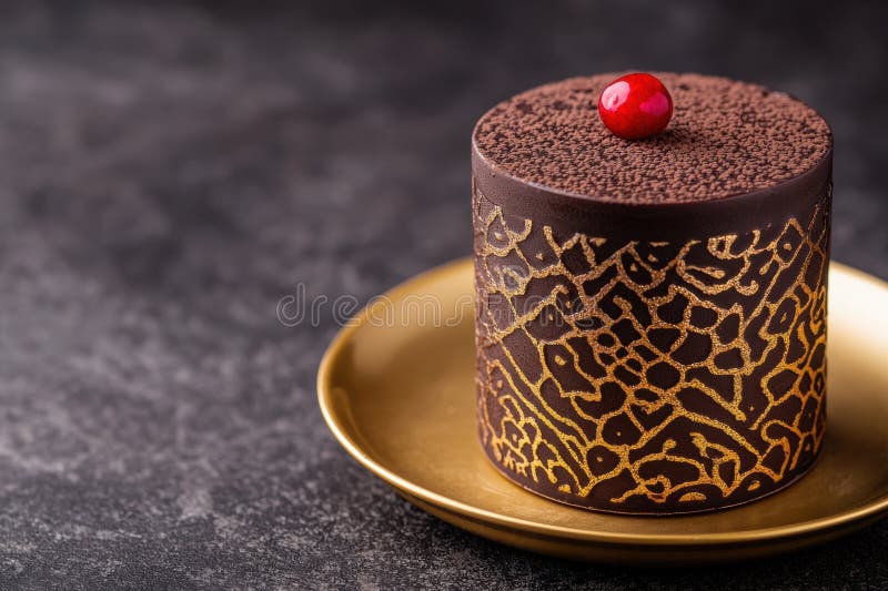 Elegant Chocolate Dessert with Golden Decoration and Cherry on Top ...