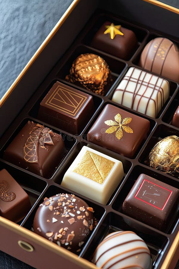 Elegant Chocolates in a Box with Gold Accents and Various Textures ...