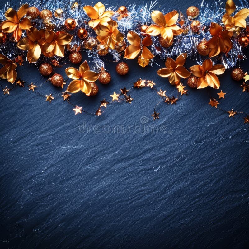 Elegant Christmas Border of Gold and Silver Decorations on Dark Blue ...