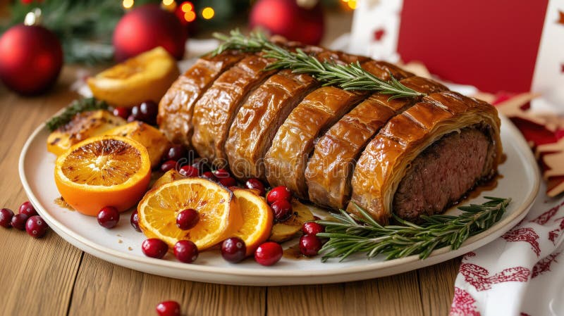 Elegant Christmas Dinner Setup Featuring Whole Beef Wellington with ...