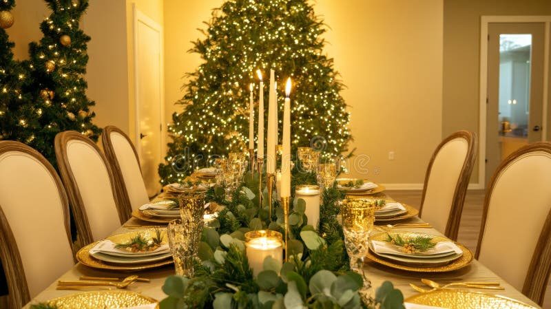 Elegant Christmas Dinner Table with Candlelight and Greenery Decor ...