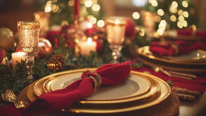 Elegant Christmas Dinner Table Setting with Festive Decorations Stock ...