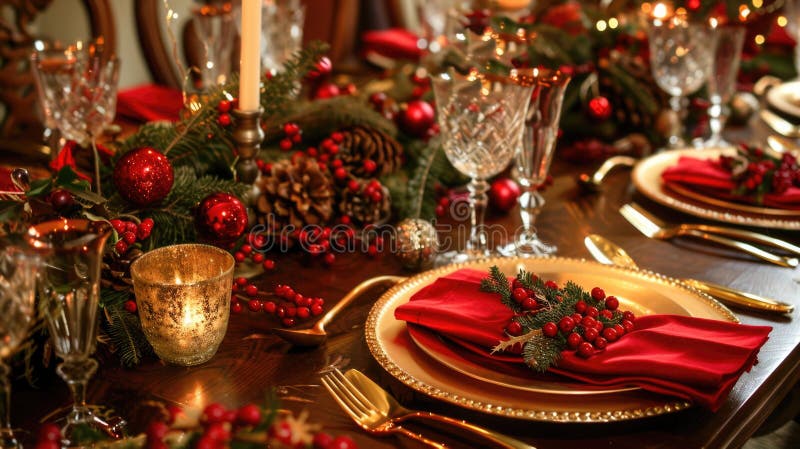 Elegant Christmas Dinner Table Setting with Festive Decorations Stock ...