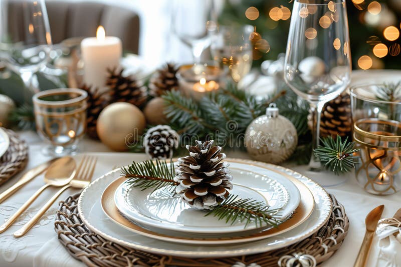 Elegant Christmas Dinner Table Setting with Pine Cones and Candlelight ...