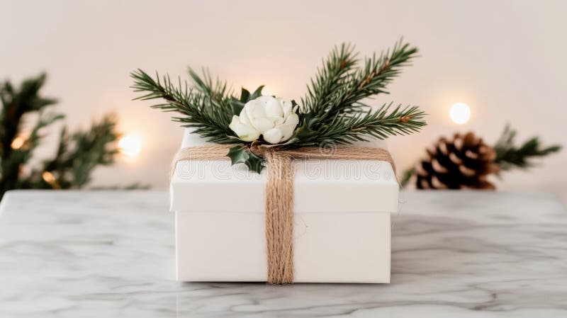 Elegant Christmas Gift Box Adorned with Pine and White Flower Stock ...