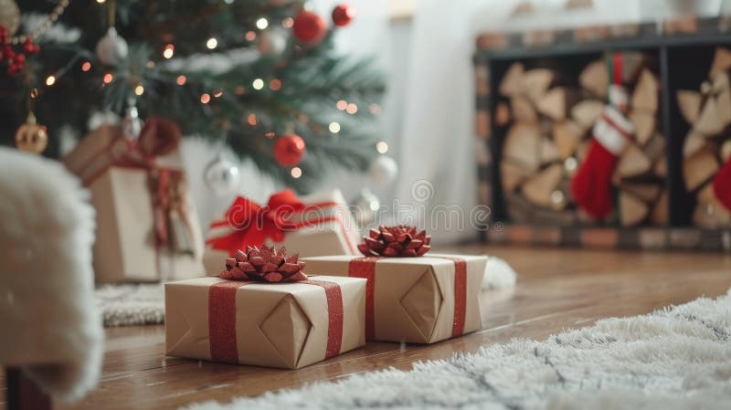 Elegant Christmas Gift Boxes Placed by the Beautifully Decorated Tree ...