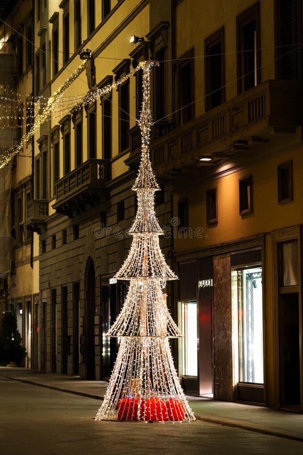 Elegant Christmas Light Display on Urban Street at Night Stock Photo ...