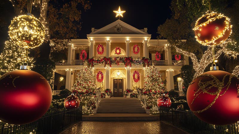 Elegant Christmas Mansion with Festive Lights and Decorations at Night ...