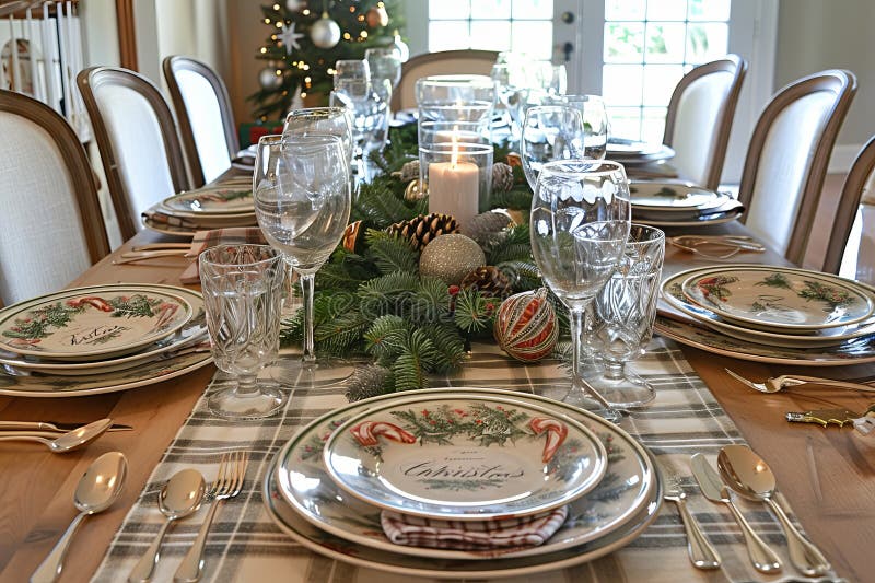 Elegant Christmas Table Setting with Decorations and Candlelight Stock ...