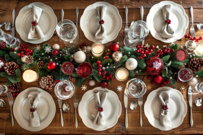 Elegant Christmas Table Setting. Festive Table with Garland, Candles ...