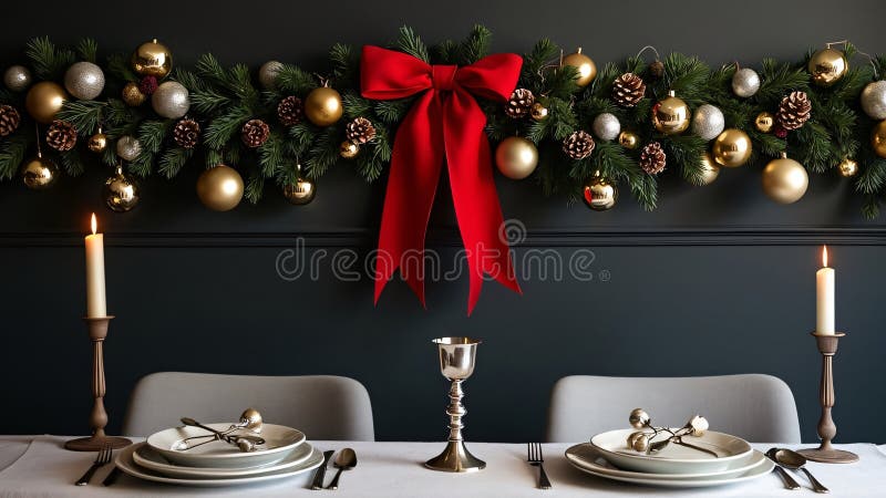 Elegant Christmas Table Setting with Garland & Red Bow Stock ... Elegant Christmas Table Setting with Garland & Red Bow Stock ...