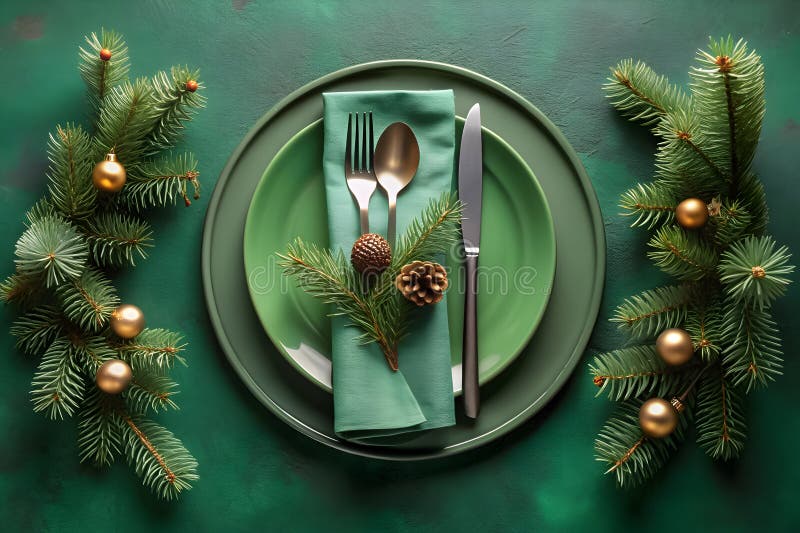 Elegant Christmas Table Setting with Green Plates, Gold Cutlery, and ...