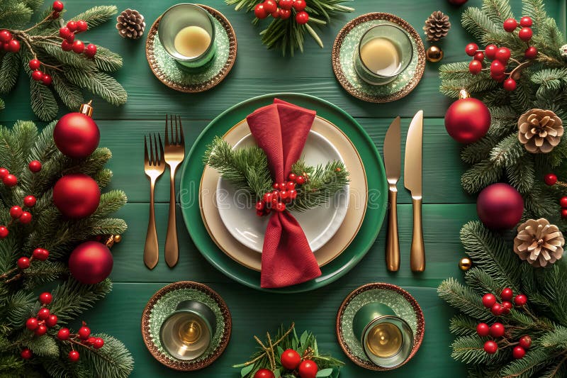 Elegant Christmas Table Setting with Green Plates and Pine Decorations ...
