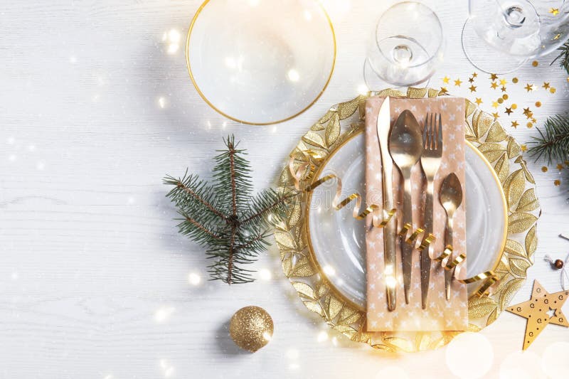 Elegant Christmas Table Setting and Space for Text on Light Background ...
