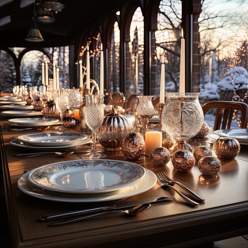 Elegant Christmas Table Setting with White and Gold Tableware, Candles ...