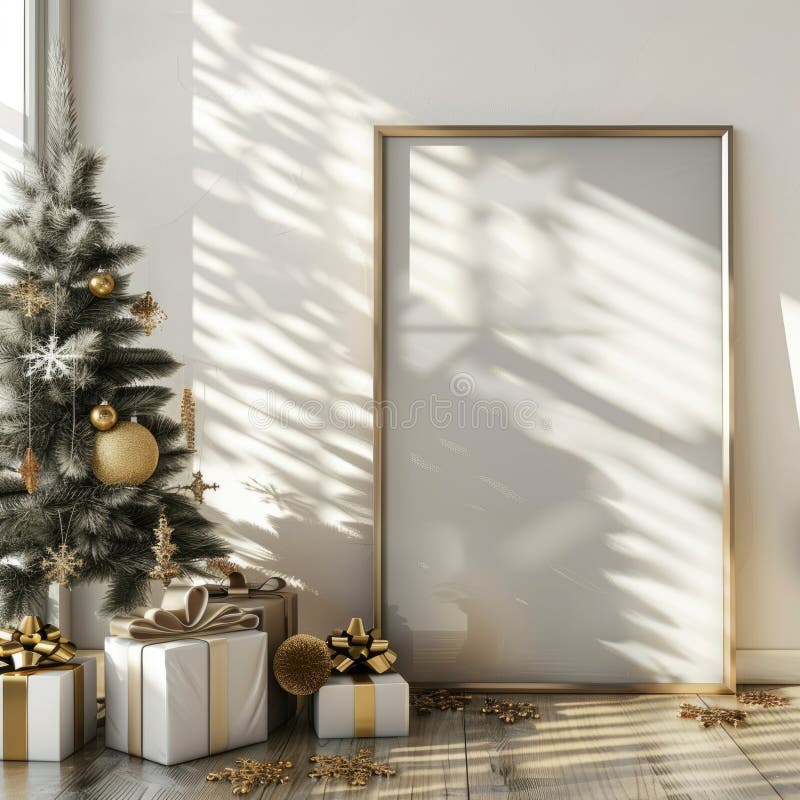 Elegant Christmas Tree with Decorations and Gifts beside Blank Poster ...