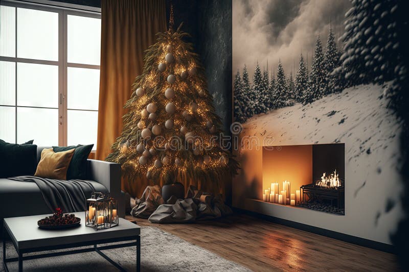 Elegant Christmas Tree and Fireplace Stock Illustration - Illustration ...