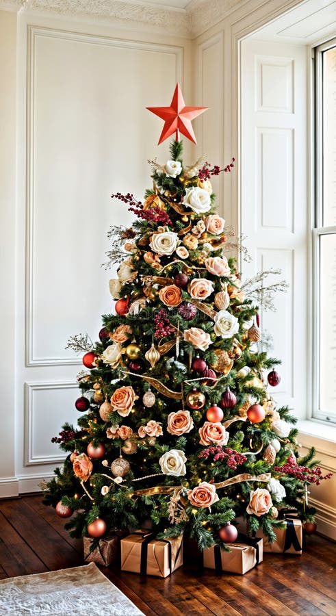 Elegant Christmas Tree with Floral Decorations in a Sunlit Room Stock ...