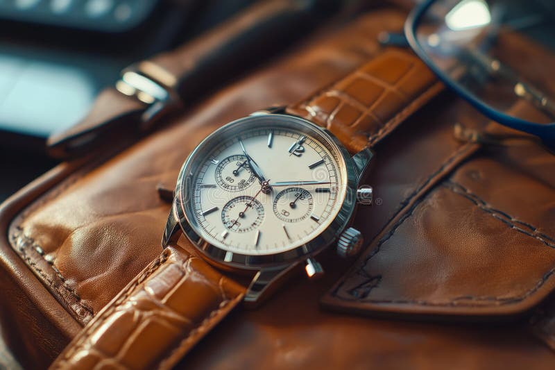 Elegant Chronograph Watch Featuring a Brown Leather Strap, Showcasing ...